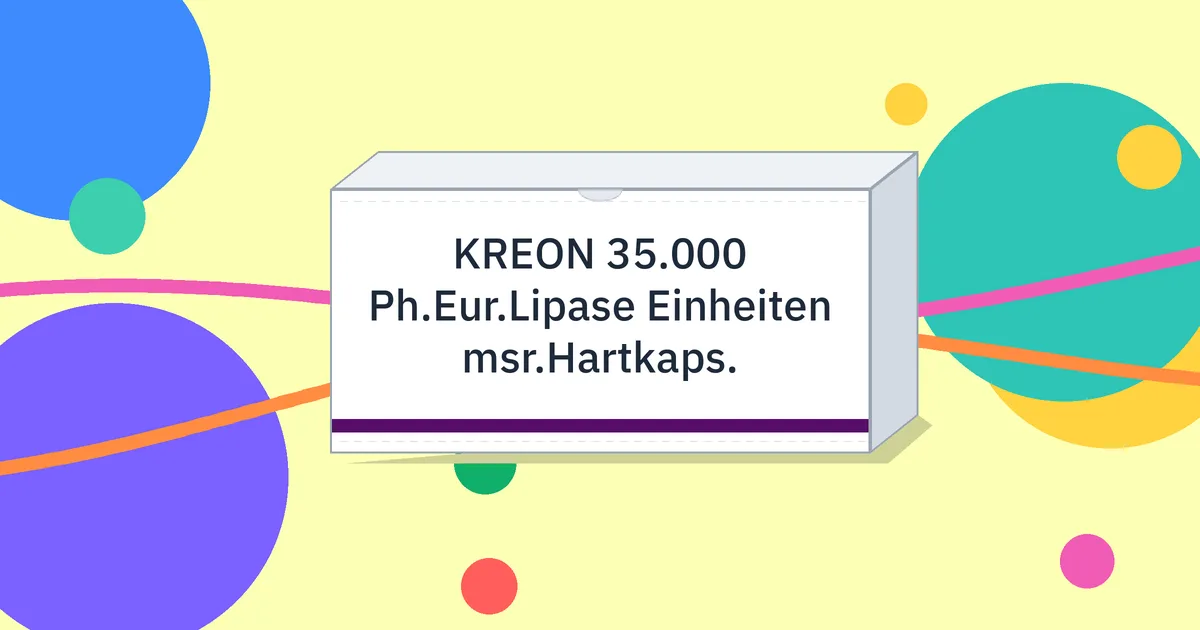 Symbolbild: Packung mit der Aufschrift KREON 35.000 Ph.Eur.Lipase Einheiten msr.Hartkaps. (PZN 14327710) – Verfügbarkeit und Bezug in Apotheken in Frankfurt am Main