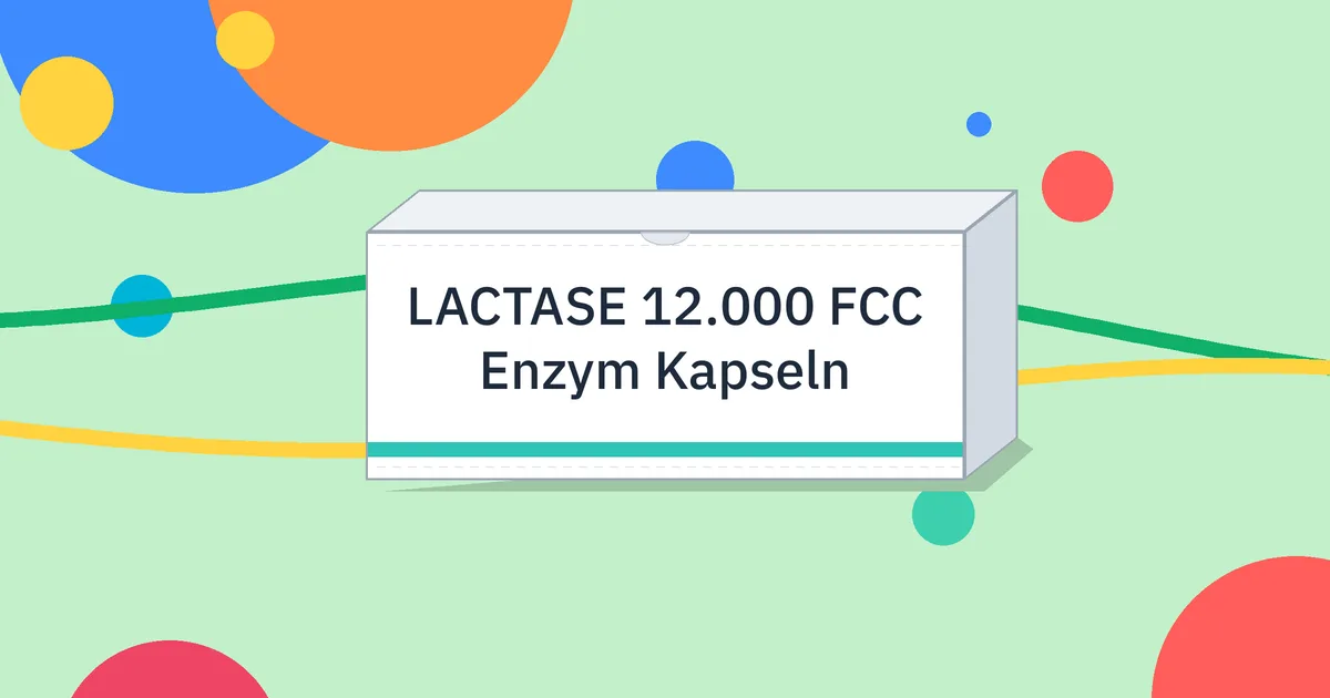 Symbolbild: Packung mit der Aufschrift LACTASE 12.000 FCC Enzym Kapseln (PZN 09886376) – Verfügbarkeit und Bezug in Apotheken in Frankfurt am Main