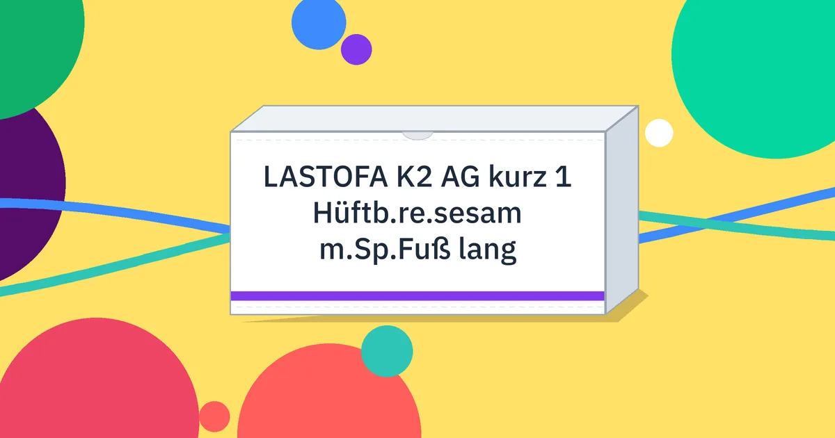 Symbolbild: Packung mit der Aufschrift LASTOFA K2 AG kurz 1 Hüftb.re.sesam m.Sp.Fuß lang (PZN 13810611) – Verfügbarkeit und Bezug in Apotheken in Frankfurt am Main