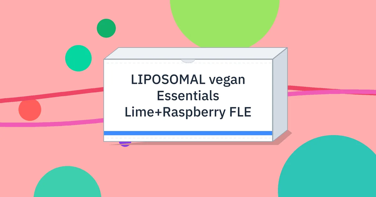 Symbolbild: Packung mit der Aufschrift LIPOSOMAL vegan Essentials Lime+Raspberry FLE (PZN 19407170) – Verfügbarkeit und Bezug in Apotheken in Frankfurt am Main