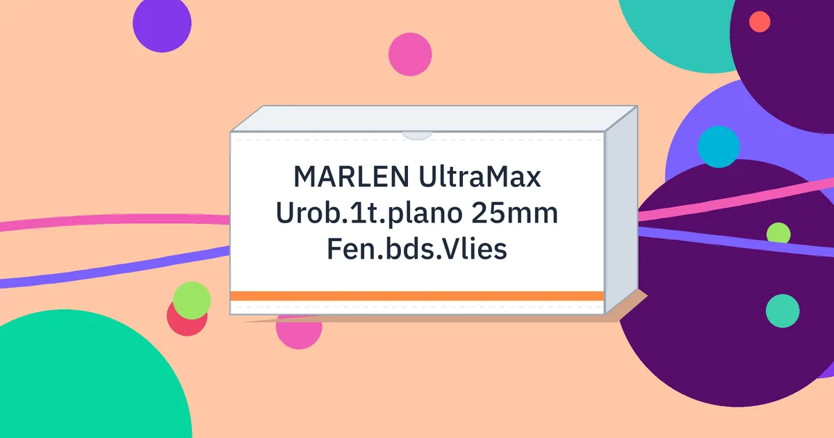 Symbolbild: Packung mit der Aufschrift MARLEN UltraMax Urob.1t.plano 25mm Fen.bds.Vlies (PZN 10741364) – Verfügbarkeit und Bezug in Apotheken in Frankfurt am Main
