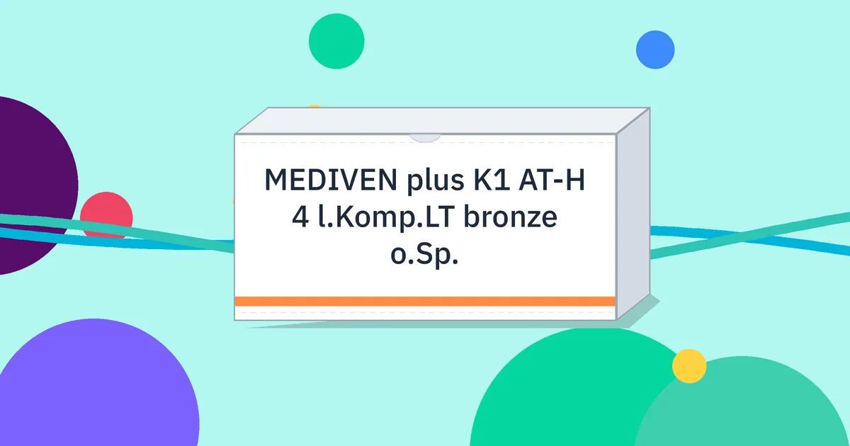 Symbolbild: Packung mit der Aufschrift MEDIVEN plus K1 AT-H 4 l.Komp.LT bronze o.Sp. (PZN 15038221) – Verfügbarkeit und Bezug in Apotheken in Frankfurt am Main