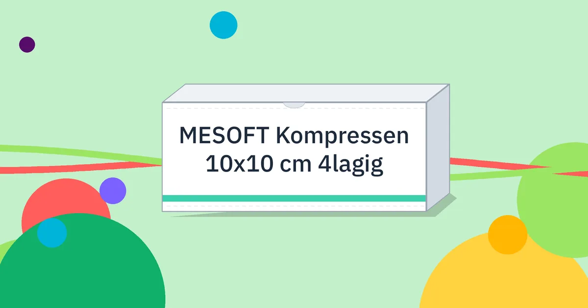 Symbolbild: Packung mit der Aufschrift MESOFT Kompressen 10x10 cm 4lagig (PZN 10809441) – Verfügbarkeit und Bezug in Apotheken in Frankfurt am Main
