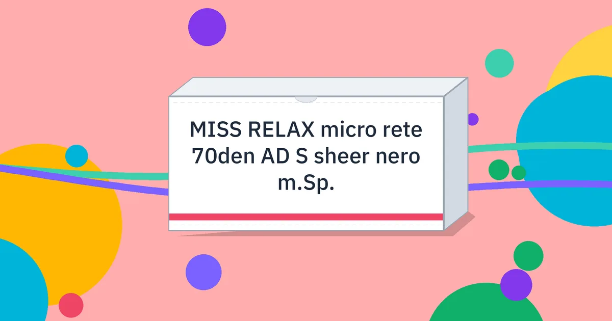 Symbolbild: Packung mit der Aufschrift MISS RELAX micro rete 70den AD S sheer nero m.Sp. (PZN 16183356) – Verfügbarkeit und Bezug in Apotheken in Frankfurt am Main