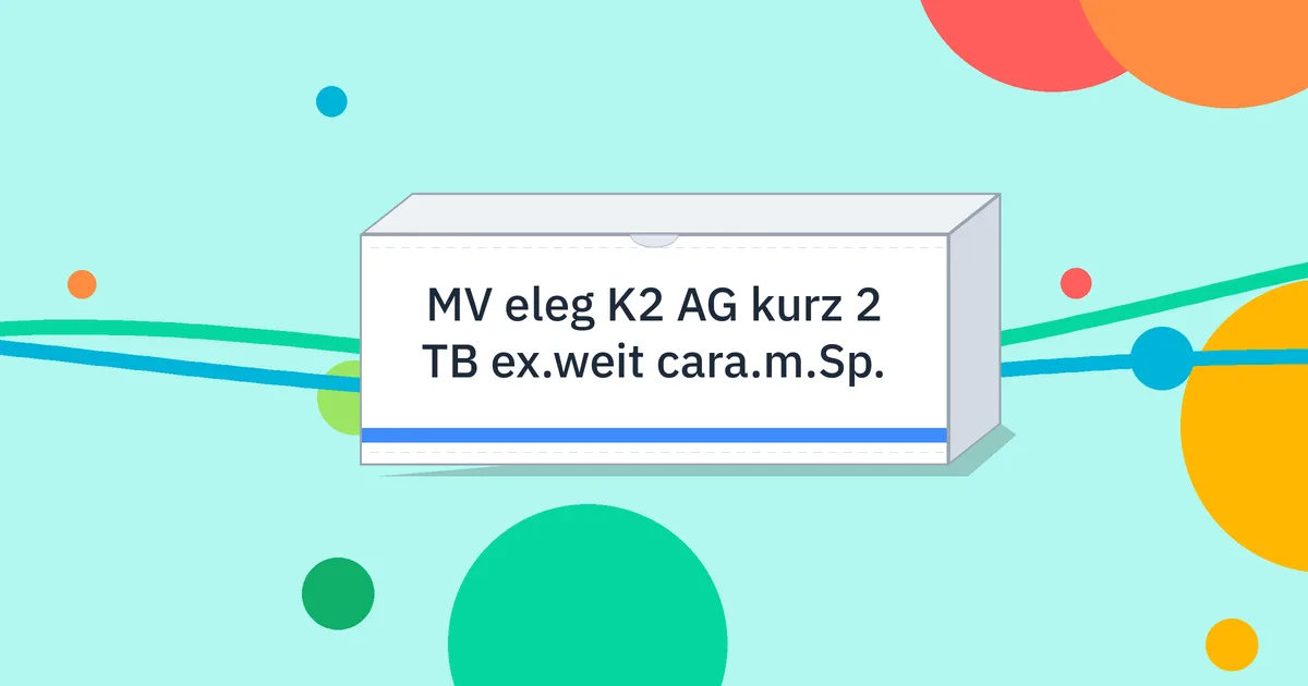 Symbolbild: Packung mit der Aufschrift MV eleg K2 AG kurz 2 TB ex.weit cara.m.Sp. (PZN 09879904) – Verfügbarkeit und Bezug in Apotheken in Frankfurt am Main