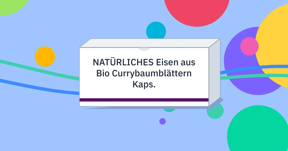 Symbolbild: Packung mit der Aufschrift NATÜRLICHES Eisen aus Bio Currybaumblättern Kaps. (PZN 16794255) – Verfügbarkeit und Bezug in Apotheken in Frankfurt am Main