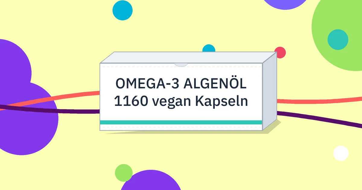 Symbolbild: Packung mit der Aufschrift OMEGA-3 ALGENÖL 1160 vegan Kapseln (PZN 19292531) – Verfügbarkeit und Bezug in Apotheken in Frankfurt am Main