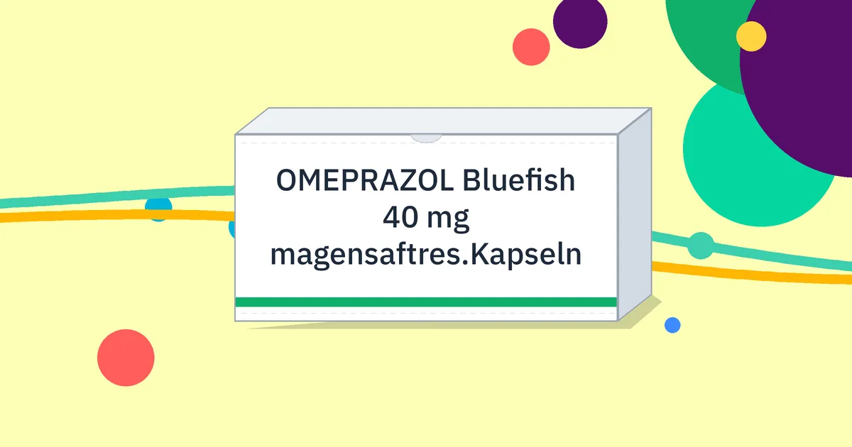 Symbolbild: Packung mit der Aufschrift OMEPRAZOL Bluefish 40 mg magensaftres.Kapseln (PZN 06880870) – Verfügbarkeit und Bezug in Apotheken in Frankfurt am Main