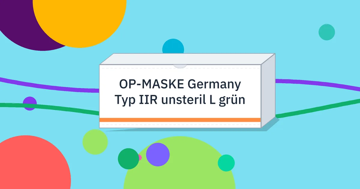 Symbolbild: Packung mit der Aufschrift OP-MASKE Germany Typ IIR unsteril L grün (PZN 16910069) – Verfügbarkeit und Bezug in Apotheken in Frankfurt am Main