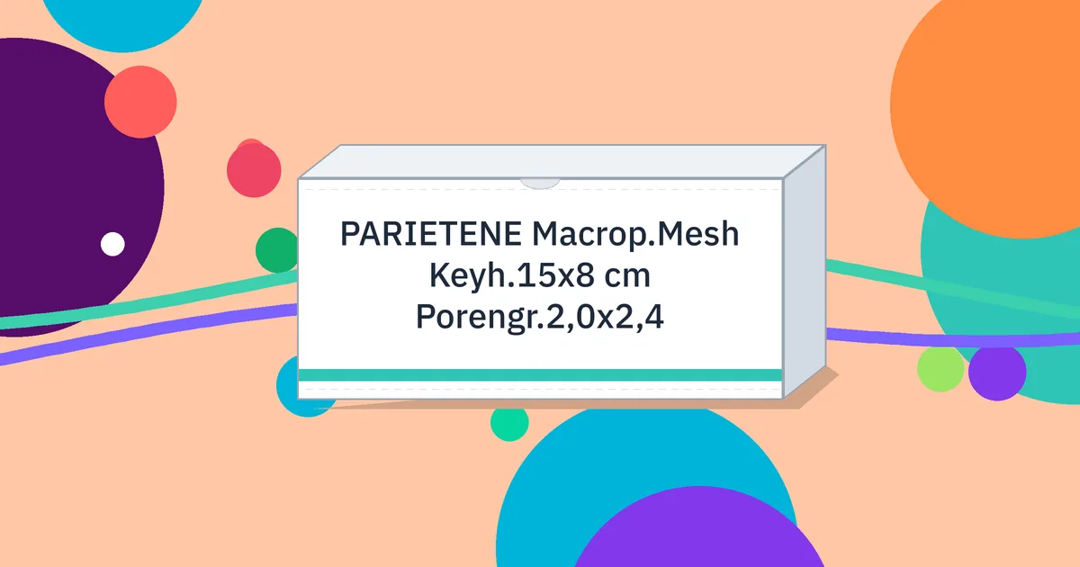 Symbolbild: Packung mit der Aufschrift PARIETENE Macrop.Mesh Keyh.15x8 cm Porengr.2,0x2,4 (PZN 11314730) – Verfügbarkeit und Bezug in Apotheken in Frankfurt am Main