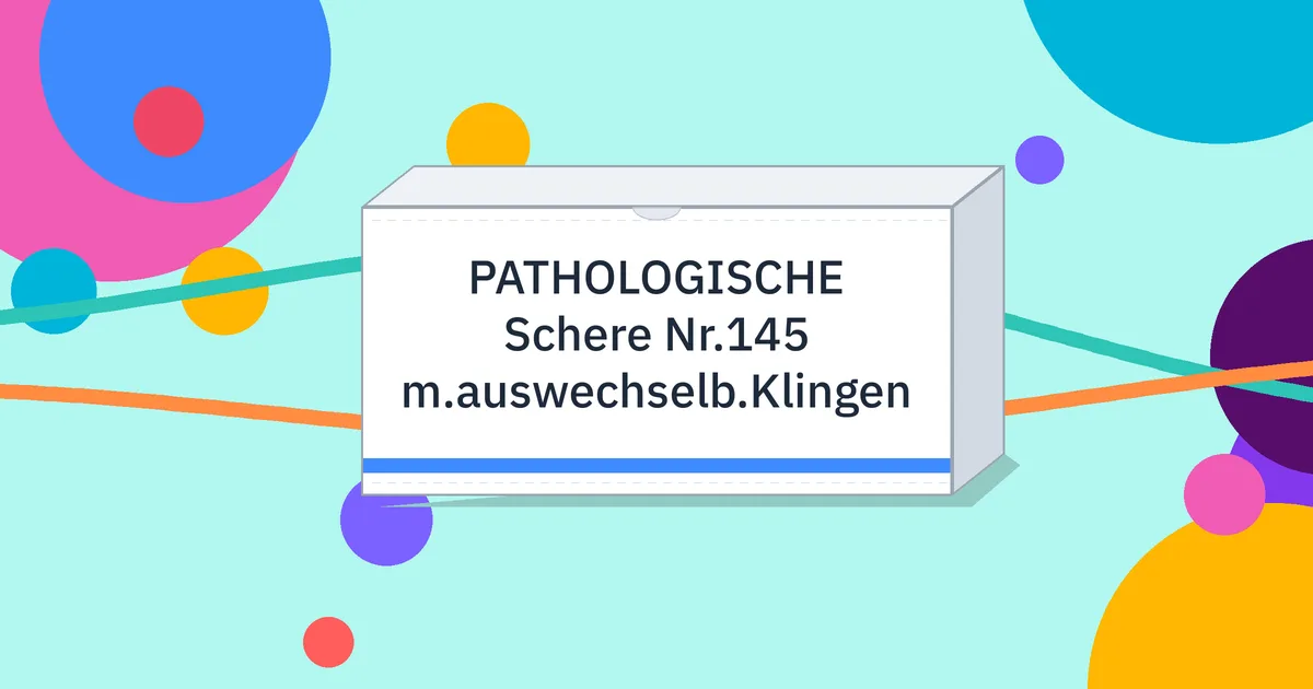 Symbolbild: Packung mit der Aufschrift PATHOLOGISCHE Schere Nr.145 m.auswechselb.Klingen (PZN 07696022) – Verfügbarkeit und Bezug in Apotheken in Frankfurt am Main
