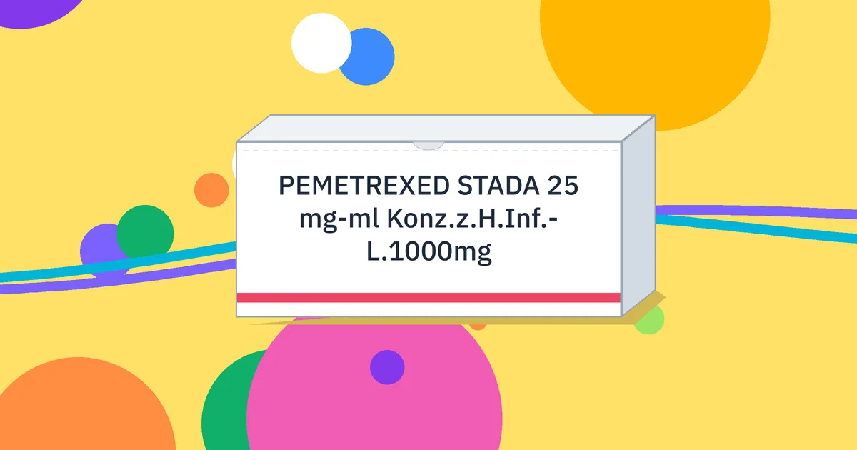 Symbolbild: Packung mit der Aufschrift PEMETREXED STADA 25 mg-ml Konz.z.H.Inf.-L.1000mg (PZN 15416048) – Verfügbarkeit und Bezug in Apotheken in Frankfurt am Main