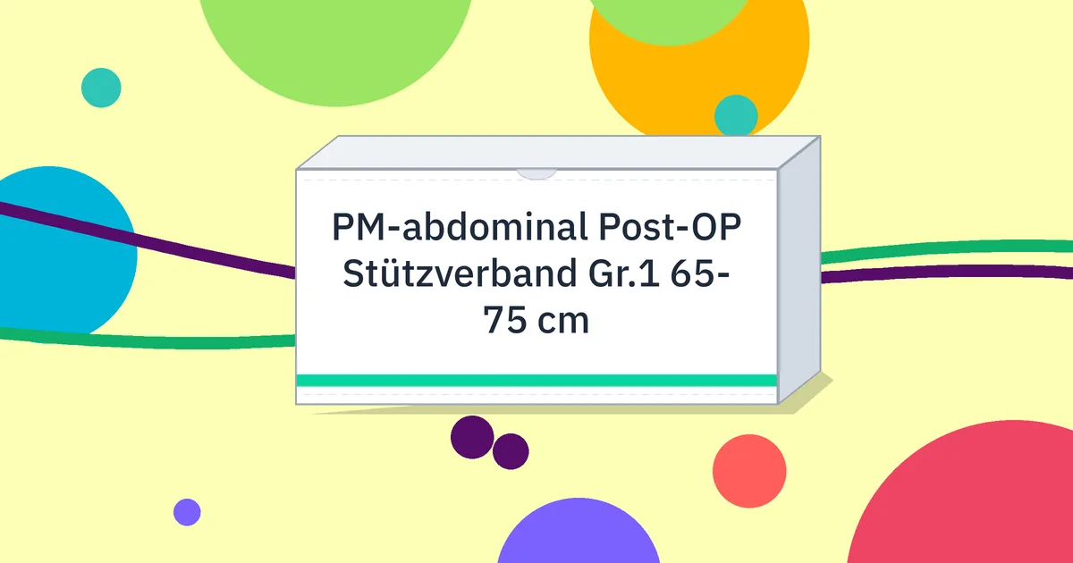 Symbolbild: Packung mit der Aufschrift PM-abdominal Post-OP Stützverband Gr.1 65-75 cm (PZN 18846105) – Verfügbarkeit und Bezug in Apotheken in Frankfurt am Main