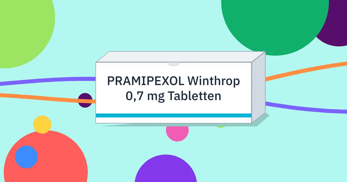 Symbolbild: Packung mit der Aufschrift PRAMIPEXOL Winthrop 0,7 mg Tabletten (PZN 18747509) – Verfügbarkeit und Bezug in Apotheken in Frankfurt am Main