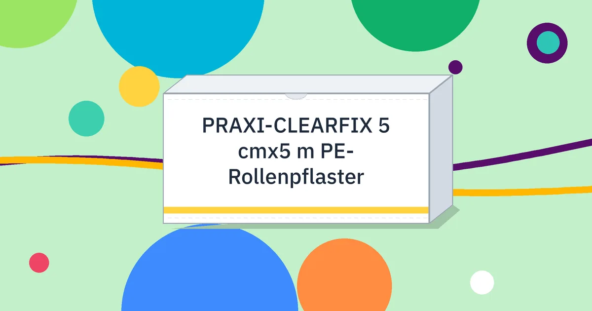 Symbolbild: Packung mit der Aufschrift PRAXI-CLEARFIX 5 cmx5 m PE-Rollenpflaster (PZN 12825510) – Verfügbarkeit und Bezug in Apotheken in Frankfurt am Main
