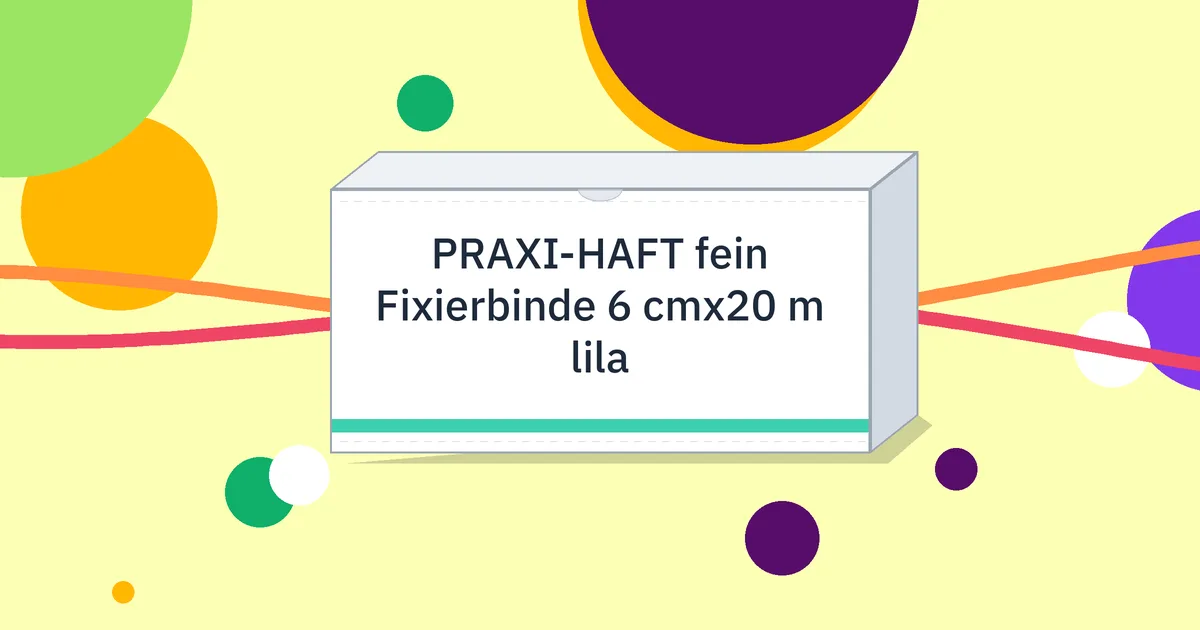 Symbolbild: Packung mit der Aufschrift PRAXI-HAFT fein Fixierbinde 6 cmx20 m lila (PZN 12826142) – Verfügbarkeit und Bezug in Apotheken in Frankfurt am Main