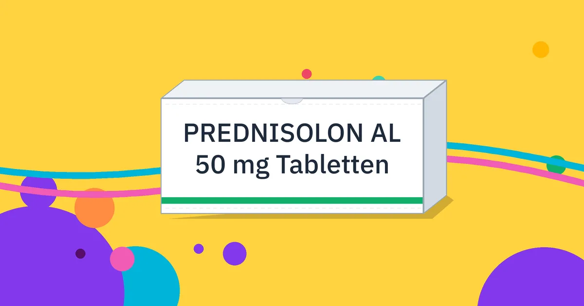 Symbolbild: Packung mit der Aufschrift PREDNISOLON AL 50 mg Tabletten (PZN 04216180) – Verfügbarkeit und Bezug in Apotheken in Frankfurt am Main