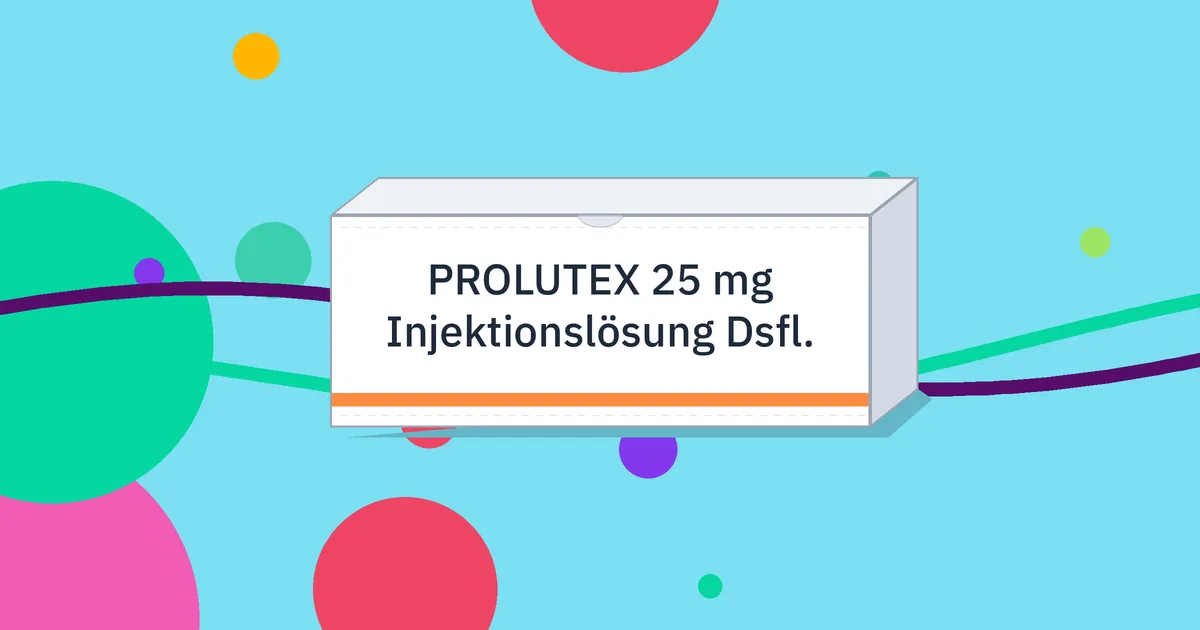 Symbolbild: Packung mit der Aufschrift PROLUTEX 25 mg Injektionslösung Dsfl. (PZN 19358394) – Verfügbarkeit und Bezug in Apotheken in Frankfurt am Main
