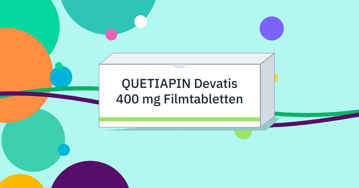 Symbolbild: Packung mit der Aufschrift QUETIAPIN Devatis 400 mg Filmtabletten (PZN 17235836) – Verfügbarkeit und Bezug in Apotheken in Frankfurt am Main