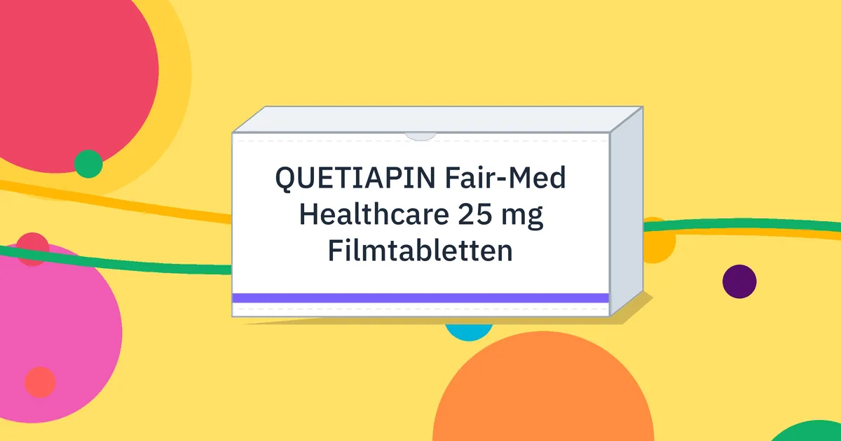 Symbolbild: Packung mit der Aufschrift QUETIAPIN Fair-Med Healthcare 25 mg Filmtabletten (PZN 12494645) – Verfügbarkeit und Bezug in Apotheken in Frankfurt am Main