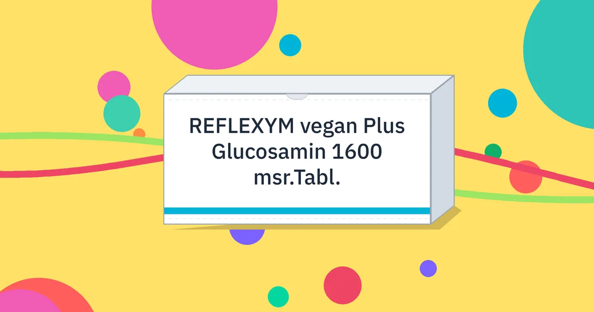 Symbolbild: Packung mit der Aufschrift REFLEXYM vegan Plus Glucosamin 1600 msr.Tabl. (PZN 19227835) – Verfügbarkeit und Bezug in Apotheken in Frankfurt am Main