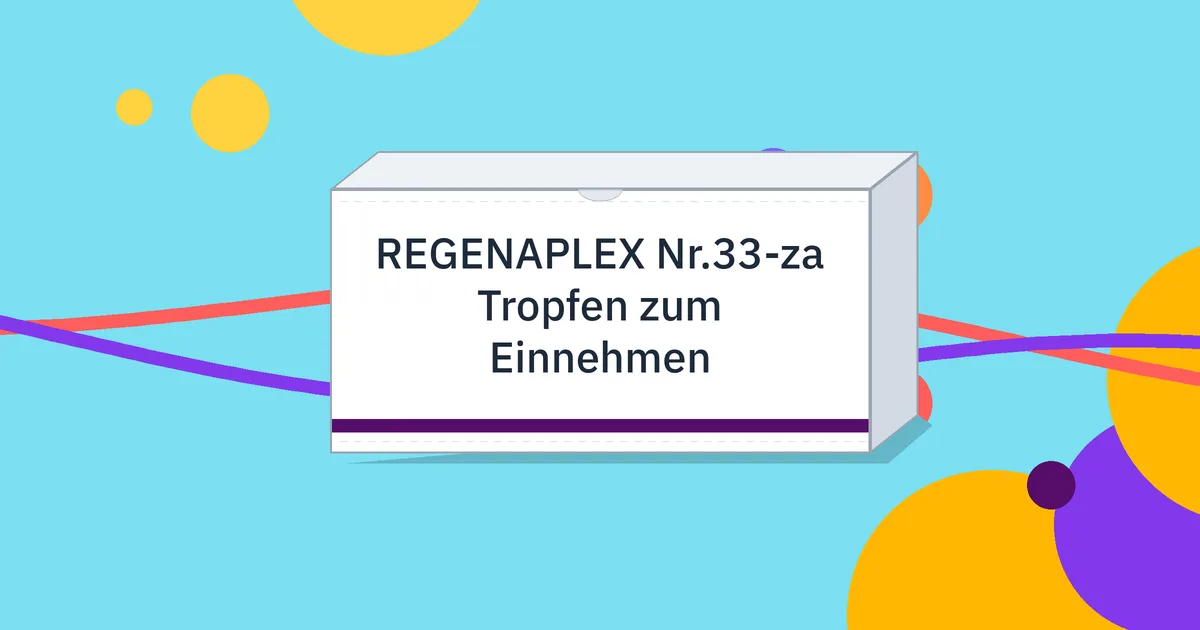 Symbolbild: Packung mit der Aufschrift REGENAPLEX Nr.33-za Tropfen zum Einnehmen (PZN 02642429) – Verfügbarkeit und Bezug in Apotheken in Frankfurt am Main