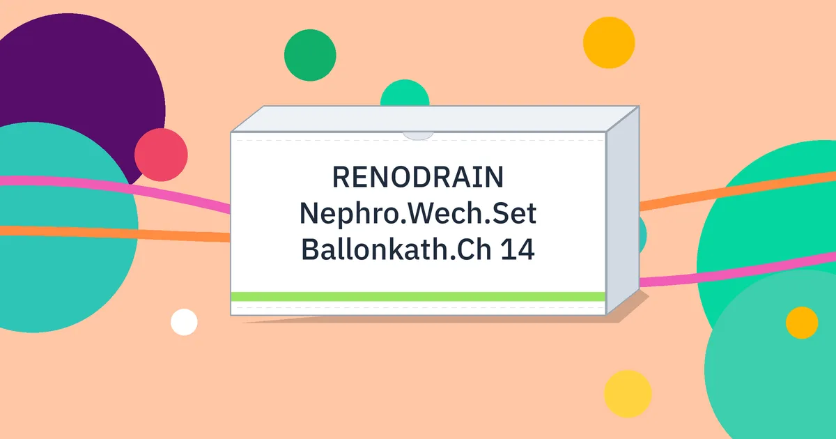 Symbolbild: Packung mit der Aufschrift RENODRAIN Nephro.Wech.Set Ballonkath.Ch 14 (PZN 00443890) – Verfügbarkeit und Bezug in Apotheken in Frankfurt am Main