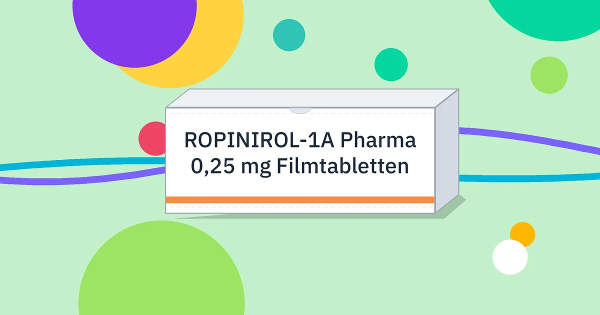 Symbolbild: Packung mit der Aufschrift ROPINIROL-1A Pharma 0,25 mg Filmtabletten (PZN 08860920) – Verfügbarkeit und Bezug in Apotheken in Frankfurt am Main