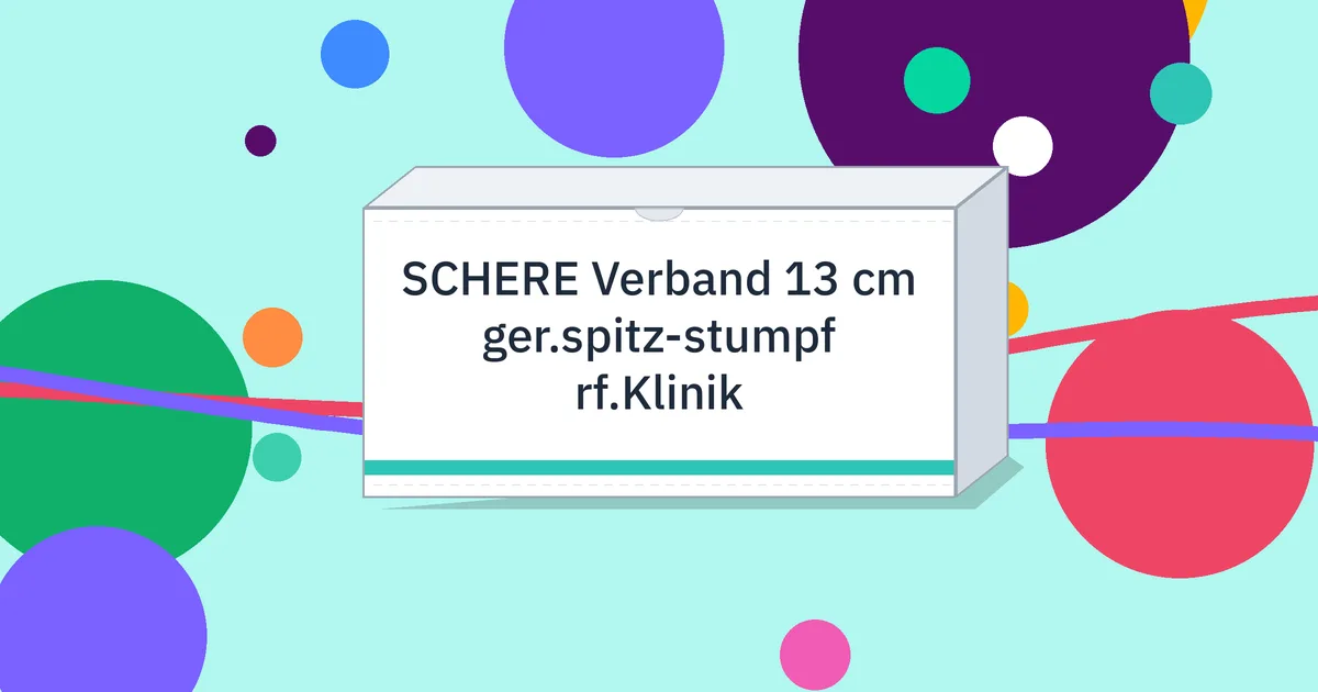 Symbolbild: Packung mit der Aufschrift SCHERE Verband 13 cm ger.spitz-stumpf rf.Klinik (PZN 10915580) – Verfügbarkeit und Bezug in Apotheken in Frankfurt am Main