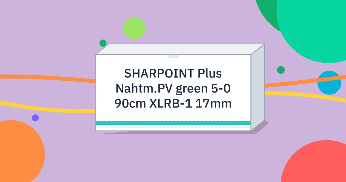 Symbolbild: Packung mit der Aufschrift SHARPOINT Plus Nahtm.PV green 5-0 90cm XLRB-1 17mm (PZN 17996423) – Verfügbarkeit und Bezug in Apotheken in Frankfurt am Main