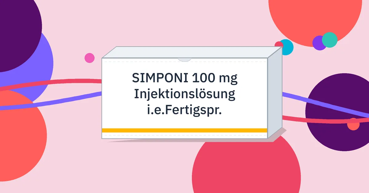 Symbolbild: Packung mit der Aufschrift SIMPONI 100 mg Injektionslösung i.e.Fertigspr. (PZN 14213716) – Verfügbarkeit und Bezug in Apotheken in Frankfurt am Main