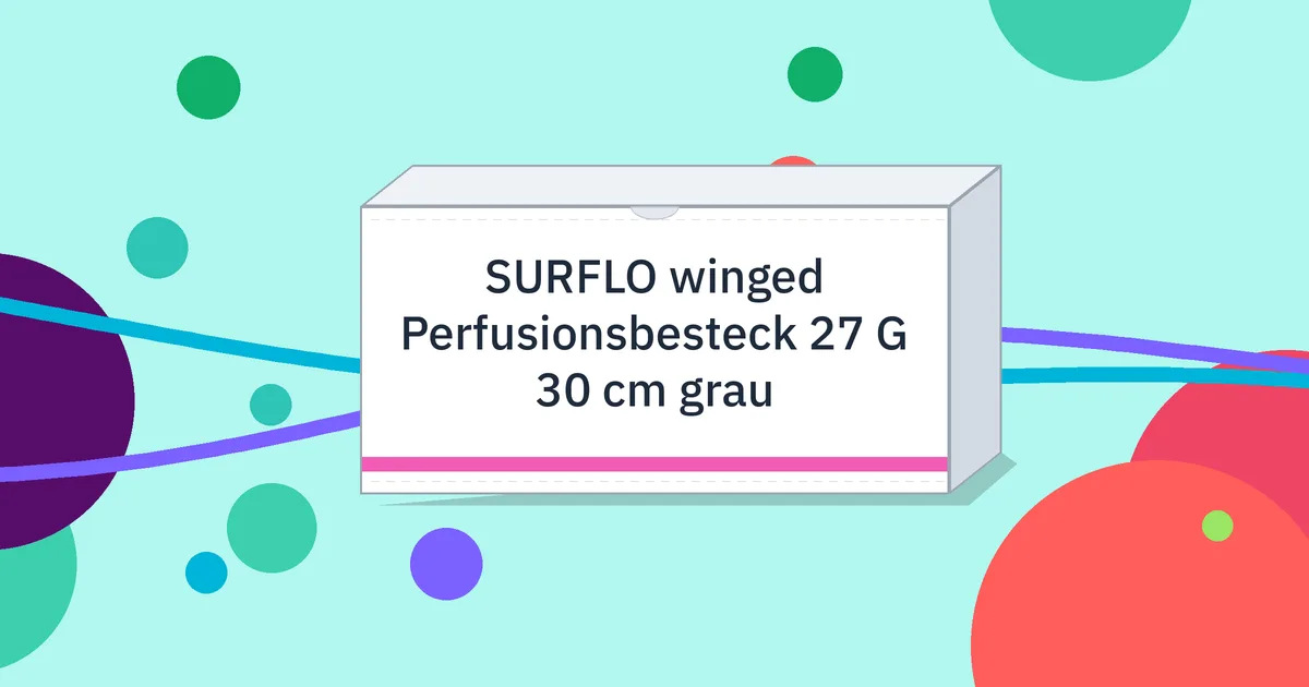 Symbolbild: Packung mit der Aufschrift SURFLO winged Perfusionsbesteck 27 G 30 cm grau (PZN 19524007) – Verfügbarkeit und Bezug in Apotheken in Frankfurt am Main