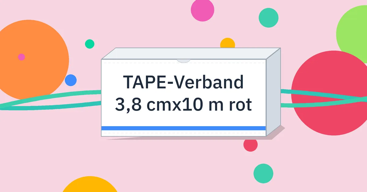 Symbolbild: Packung mit der Aufschrift TAPE-Verband 3,8 cmx10 m rot (PZN 01566755) – Verfügbarkeit und Bezug in Apotheken in Frankfurt am Main