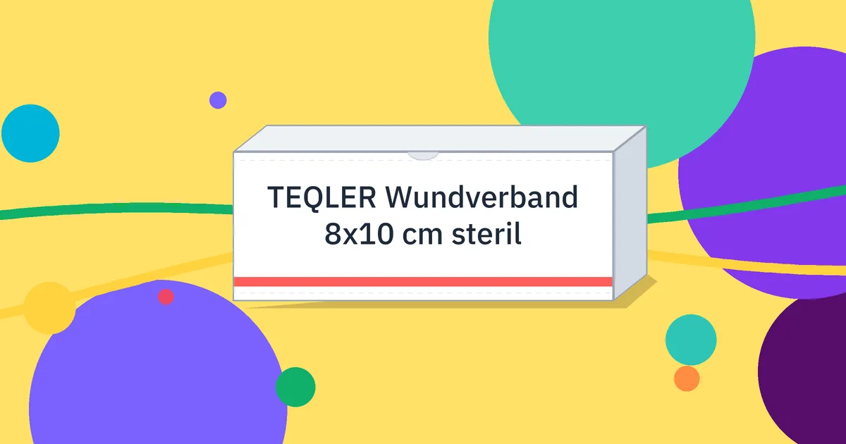 Symbolbild: Packung mit der Aufschrift TEQLER Wundverband 8x10 cm steril (PZN 17453757) – Verfügbarkeit und Bezug in Apotheken in Frankfurt am Main