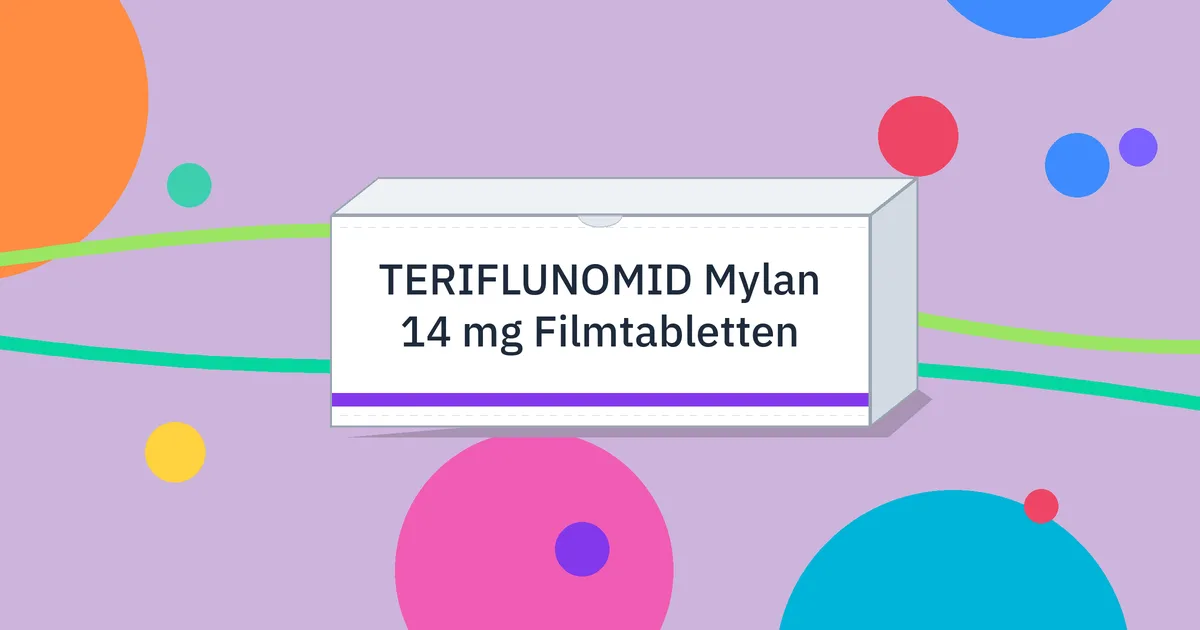 Symbolbild: Packung mit der Aufschrift TERIFLUNOMID Mylan 14 mg Filmtabletten (PZN 19294748) – Verfügbarkeit und Bezug in Apotheken in Frankfurt am Main