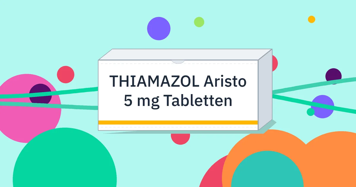 Symbolbild: Packung mit der Aufschrift THIAMAZOL Aristo 5 mg Tabletten (PZN 07100644) – Verfügbarkeit und Bezug in Apotheken in Frankfurt am Main