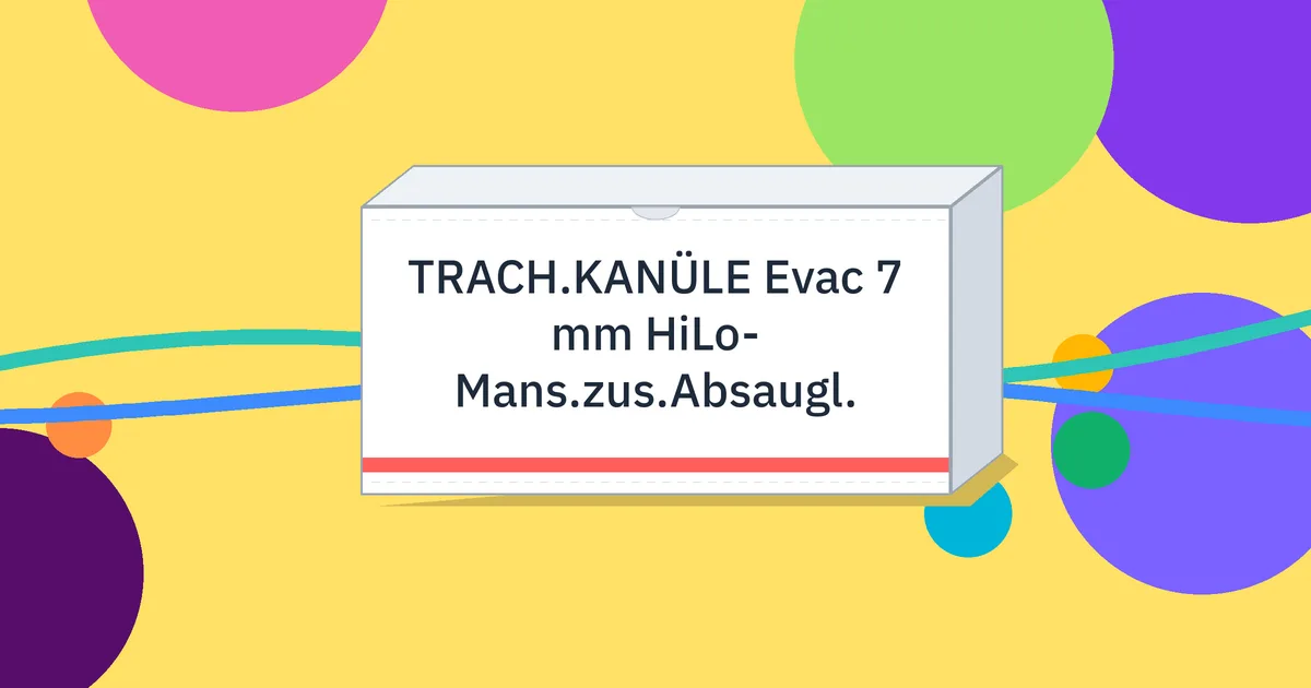 Symbolbild: Packung mit der Aufschrift TRACH.KANÜLE Evac 7 mm HiLo-Mans.zus.Absaugl. (PZN 03379951) – Verfügbarkeit und Bezug in Apotheken in Frankfurt am Main