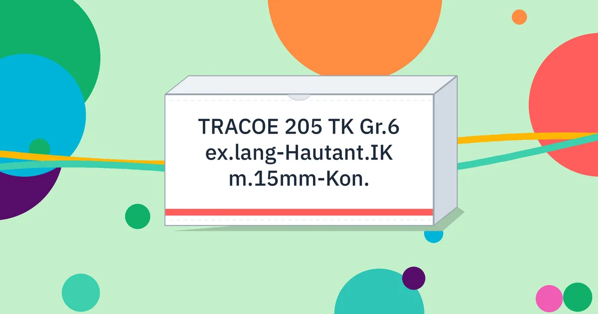 Symbolbild: Packung mit der Aufschrift TRACOE 205 TK Gr.6 ex.lang-Hautant.IK m.15mm-Kon. (PZN 00919281) – Verfügbarkeit und Bezug in Apotheken in Frankfurt am Main