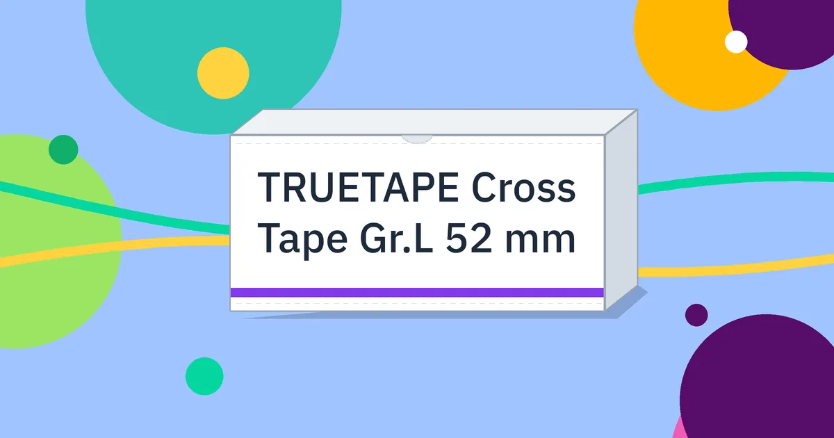 Symbolbild: Packung mit der Aufschrift TRUETAPE Cross Tape Gr.L 52 mm (PZN 19656803) – Verfügbarkeit und Bezug in Apotheken in Frankfurt am Main