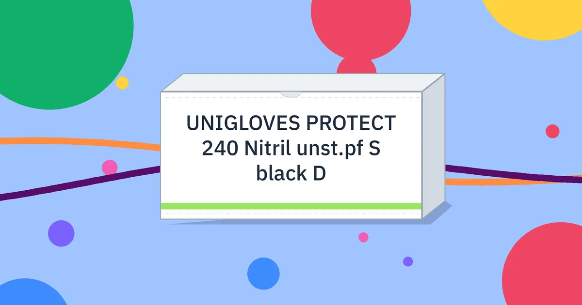 Symbolbild: Packung mit der Aufschrift UNIGLOVES PROTECT 240 Nitril unst.pf S black D (PZN 20021949) – Verfügbarkeit und Bezug in Apotheken in Frankfurt am Main