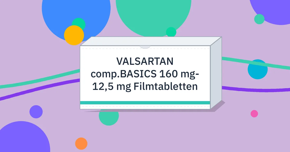 Symbolbild: Packung mit der Aufschrift VALSARTAN comp.BASICS 160 mg-12,5 mg Filmtabletten (PZN 08472589) – Verfügbarkeit und Bezug in Apotheken in Frankfurt am Main