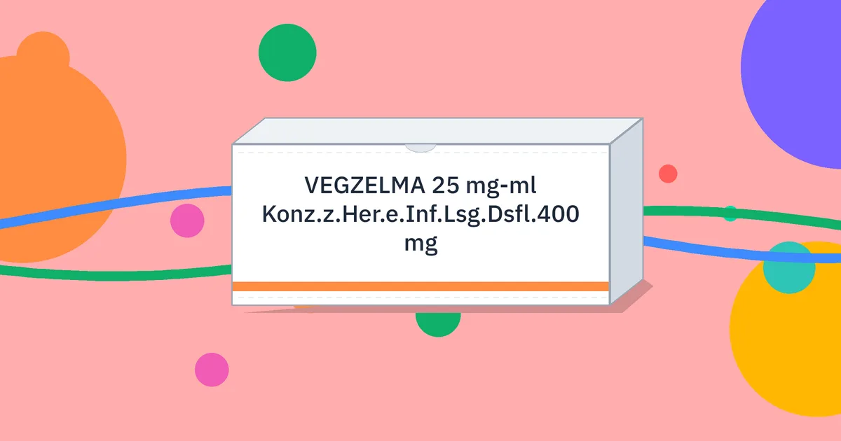 Symbolbild: Packung mit der Aufschrift VEGZELMA 25 mg-ml Konz.z.Her.e.Inf.Lsg.Dsfl.400 mg (PZN 19300331) – Verfügbarkeit und Bezug in Apotheken in Frankfurt am Main