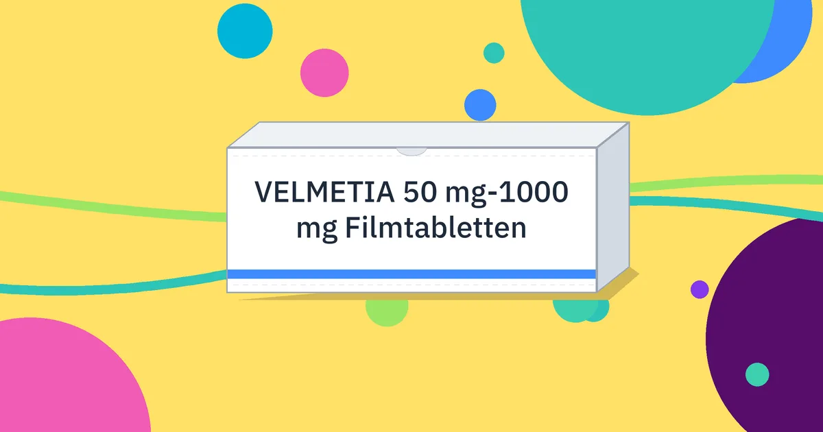Symbolbild: Packung mit der Aufschrift VELMETIA 50 mg-1000 mg Filmtabletten (PZN 18809386) – Verfügbarkeit und Bezug in Apotheken in Frankfurt am Main
