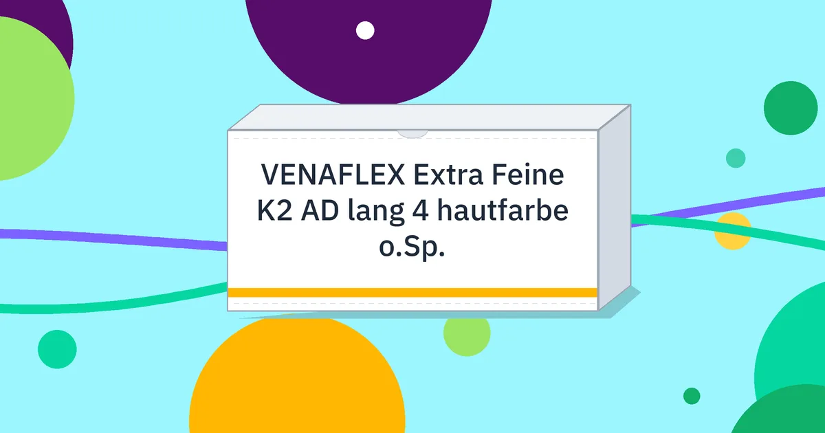 Symbolbild: Packung mit der Aufschrift VENAFLEX Extra Feine K2 AD lang 4 hautfarbe o.Sp. (PZN 18308193) – Verfügbarkeit und Bezug in Apotheken in Frankfurt am Main