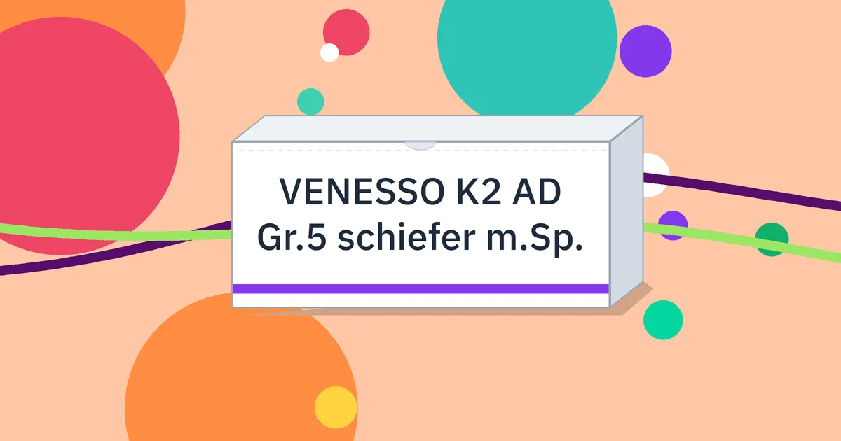 Symbolbild: Packung mit der Aufschrift VENESSO K2 AD Gr.5 schiefer m.Sp. (PZN 03258408) – Verfügbarkeit und Bezug in Apotheken in Frankfurt am Main