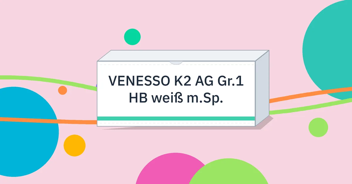 Symbolbild: Packung mit der Aufschrift VENESSO K2 AG Gr.1 HB weiß m.Sp. (PZN 03264596) – Verfügbarkeit und Bezug in Apotheken in Frankfurt am Main