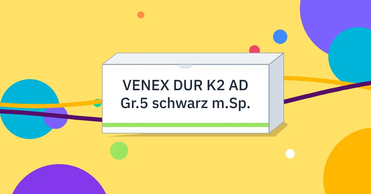 Symbolbild: Packung mit der Aufschrift VENEX DUR K2 AD Gr.5 schwarz m.Sp. (PZN 03210301) – Verfügbarkeit und Bezug in Apotheken in Frankfurt am Main