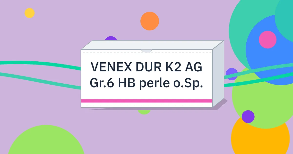 Symbolbild: Packung mit der Aufschrift VENEX DUR K2 AG Gr.6 HB perle o.Sp. (PZN 03220446) – Verfügbarkeit und Bezug in Apotheken in Frankfurt am Main