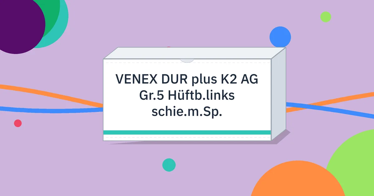 Symbolbild: Packung mit der Aufschrift VENEX DUR plus K2 AG Gr.5 Hüftb.links schie.m.Sp. (PZN 03238067) – Verfügbarkeit und Bezug in Apotheken in Frankfurt am Main