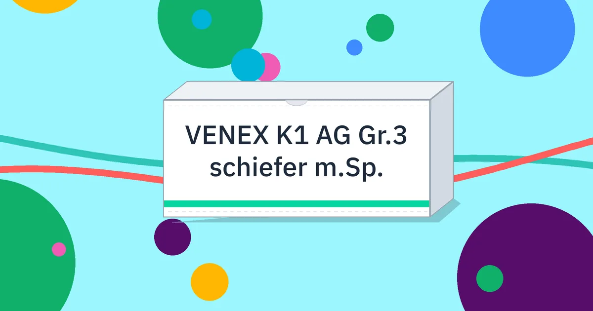 Symbolbild: Packung mit der Aufschrift VENEX K1 AG Gr.3 schiefer m.Sp. (PZN 03187631) – Verfügbarkeit und Bezug in Apotheken in Frankfurt am Main